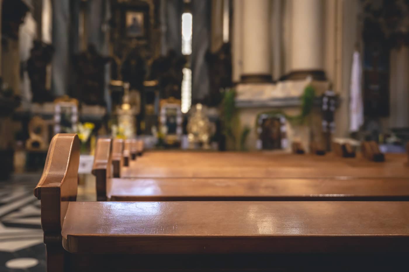 Interior Details Of A Catholic Church With Wooden Benches. – St ...